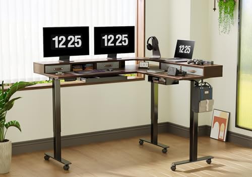 INNOVAR Triple Motor L Shaped Standing Desk with Drawers, Solid Wood Adjustable Corner Stand Up Desk, 63" Electric Standing Desk for Home Office, Black Frame/Brown Top