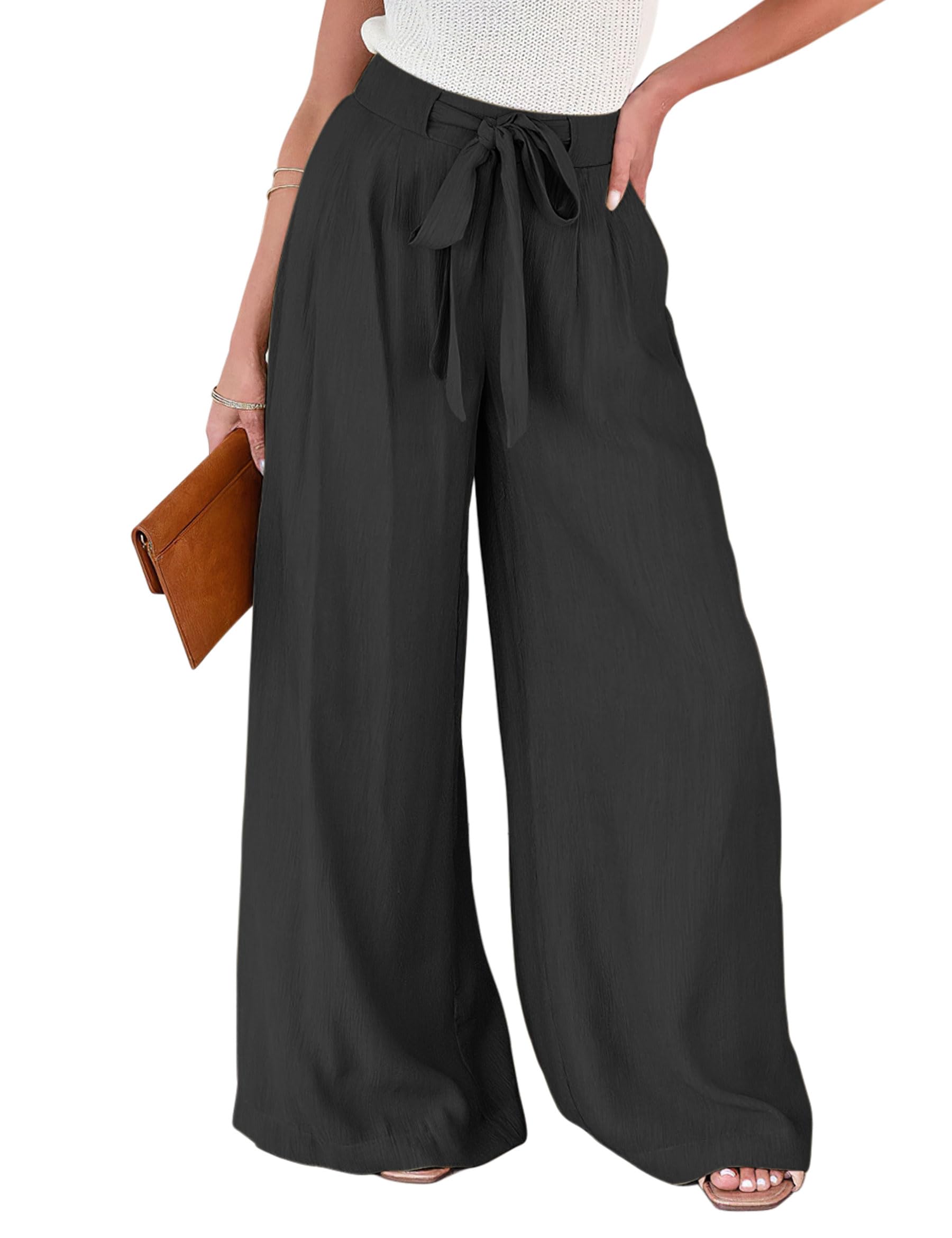 MUSIDORA Plus Size Wide Leg Pants for Women Black Palazzo Pants for Women Linen Casual Beach Flowy Loose Pants Petite (Black XL)