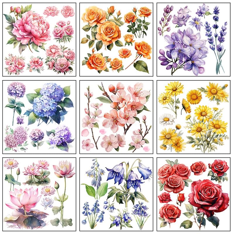 Cysincos Rub on Transfer for Crafts and Furniture,Iron on Transfers Stickers for Wood DIY Craft Supplies (Flowers-9 pcs)