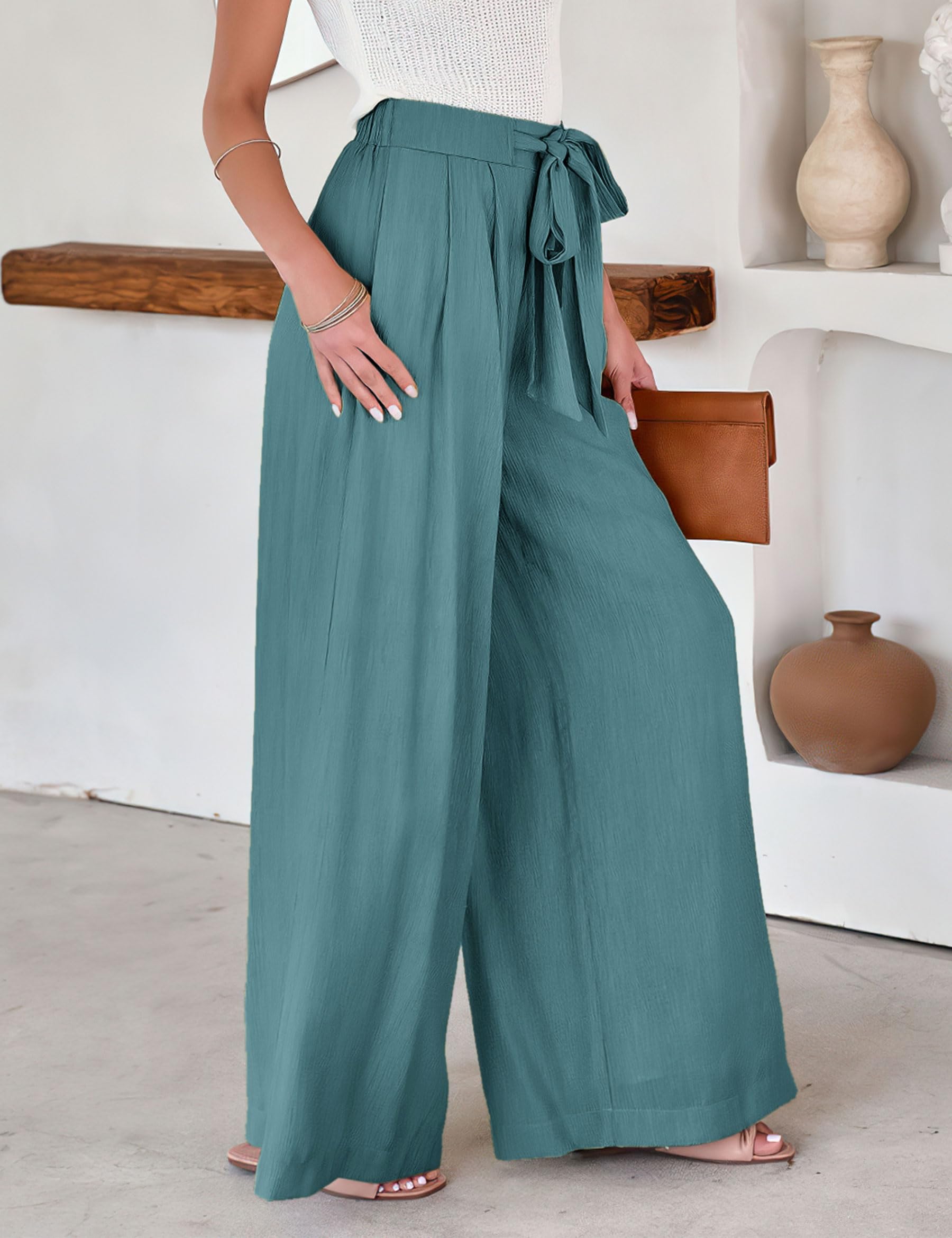 MUSIDORA Wide Leg Pants for Women High Waisted Drawstring Linen Travel Beach Pants Loose Flowy Slacks Trousers Stretchy Petite (Peacock Blue L)
