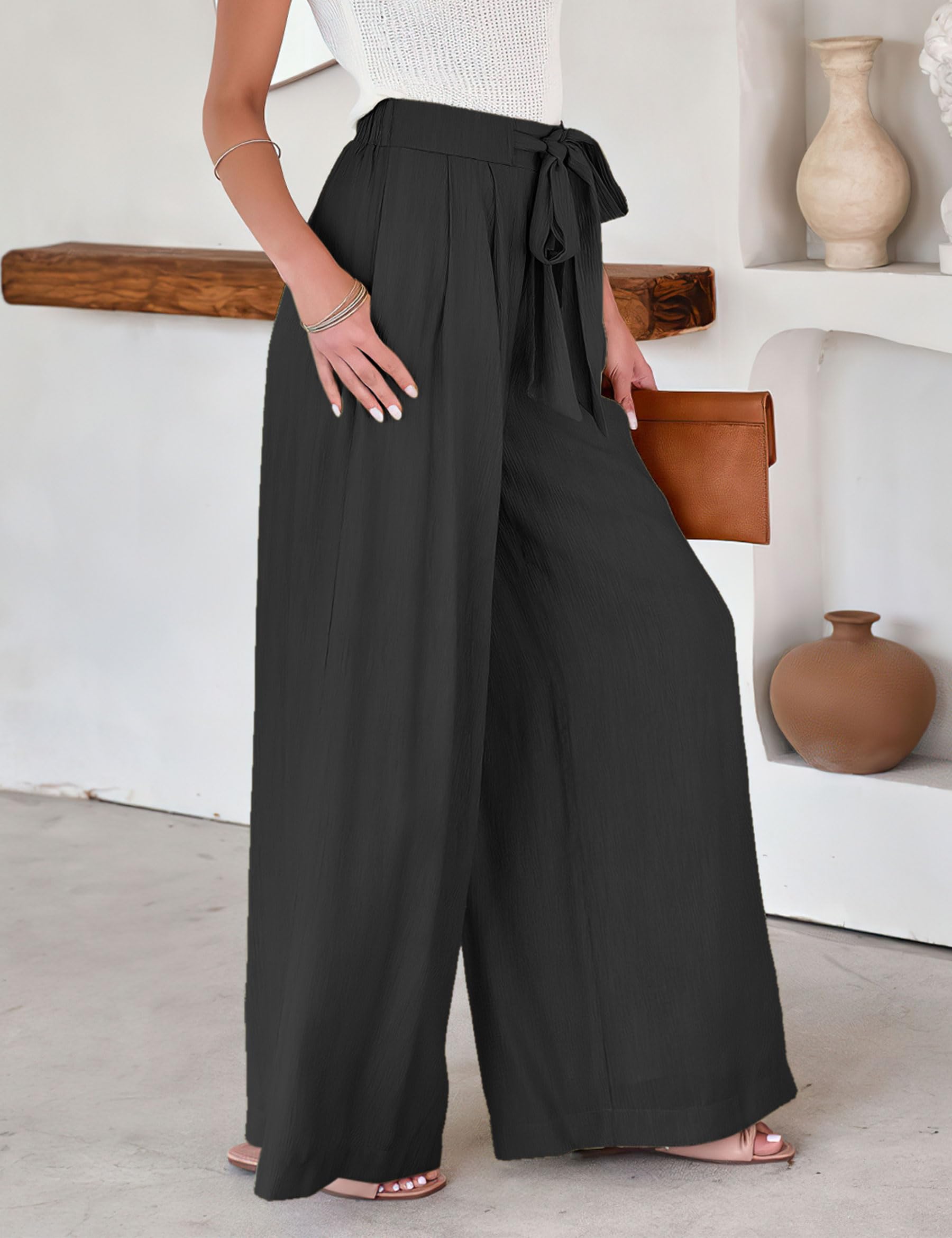 MUSIDORA Black Wide Leg Pants for Women Black Slacks Women Casual Drawstring Linen Slacks Travel Beach Boho Flowy Stretchy Petite (Black L)