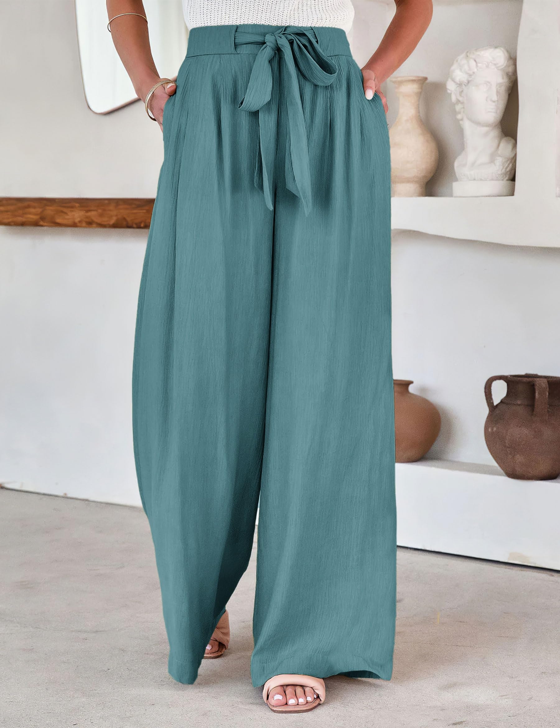 MUSIDORA Wide Leg Pants for Women High Waisted Drawstring Linen Travel Beach Pants Loose Flowy Slacks Trousers Stretchy Petite (Peacock Blue L)