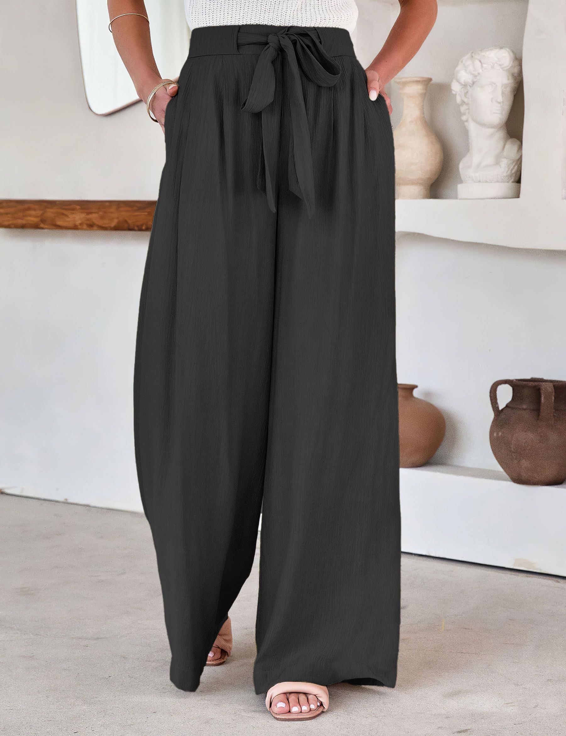 MUSIDORA Black Wide Leg Pants for Women Black Slacks Women Casual Drawstring Linen Slacks Travel Beach Boho Flowy Stretchy Petite (Black L)