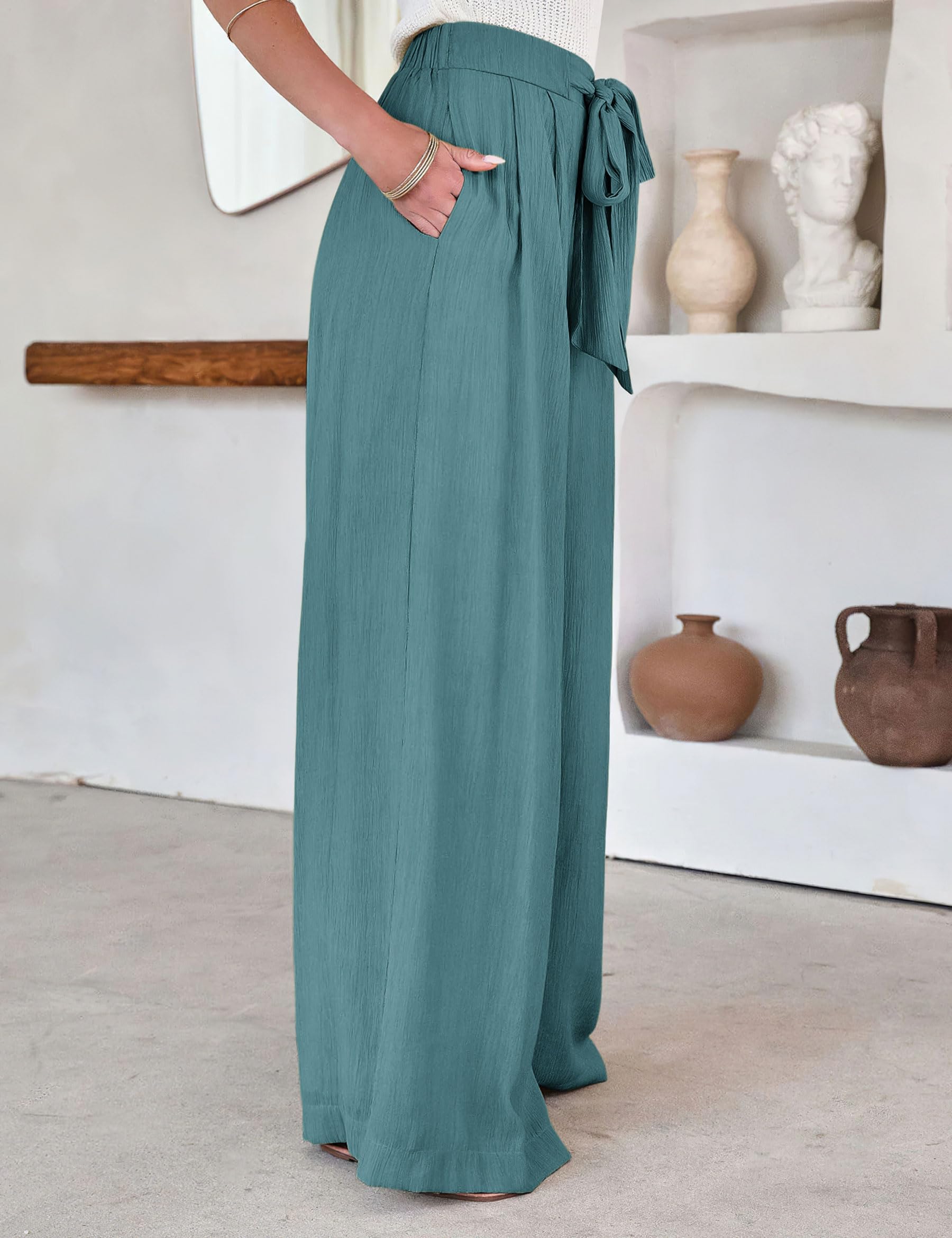 MUSIDORA Wide Leg Pants for Women High Waisted Drawstring Linen Travel Beach Pants Loose Flowy Slacks Trousers Stretchy Petite (Peacock Blue L)