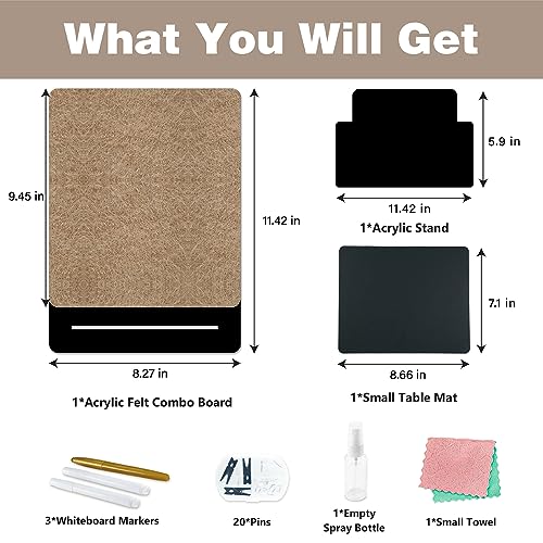 SHOOFFICE Acrylic Dry Erase Board & Felt Board Combo, 11.4'' x 8.3" Double-Sided Desktop Whiteboard with Stand, Small Frameless Black Message Board with 3 Markers and 20 Pins for Office Home School