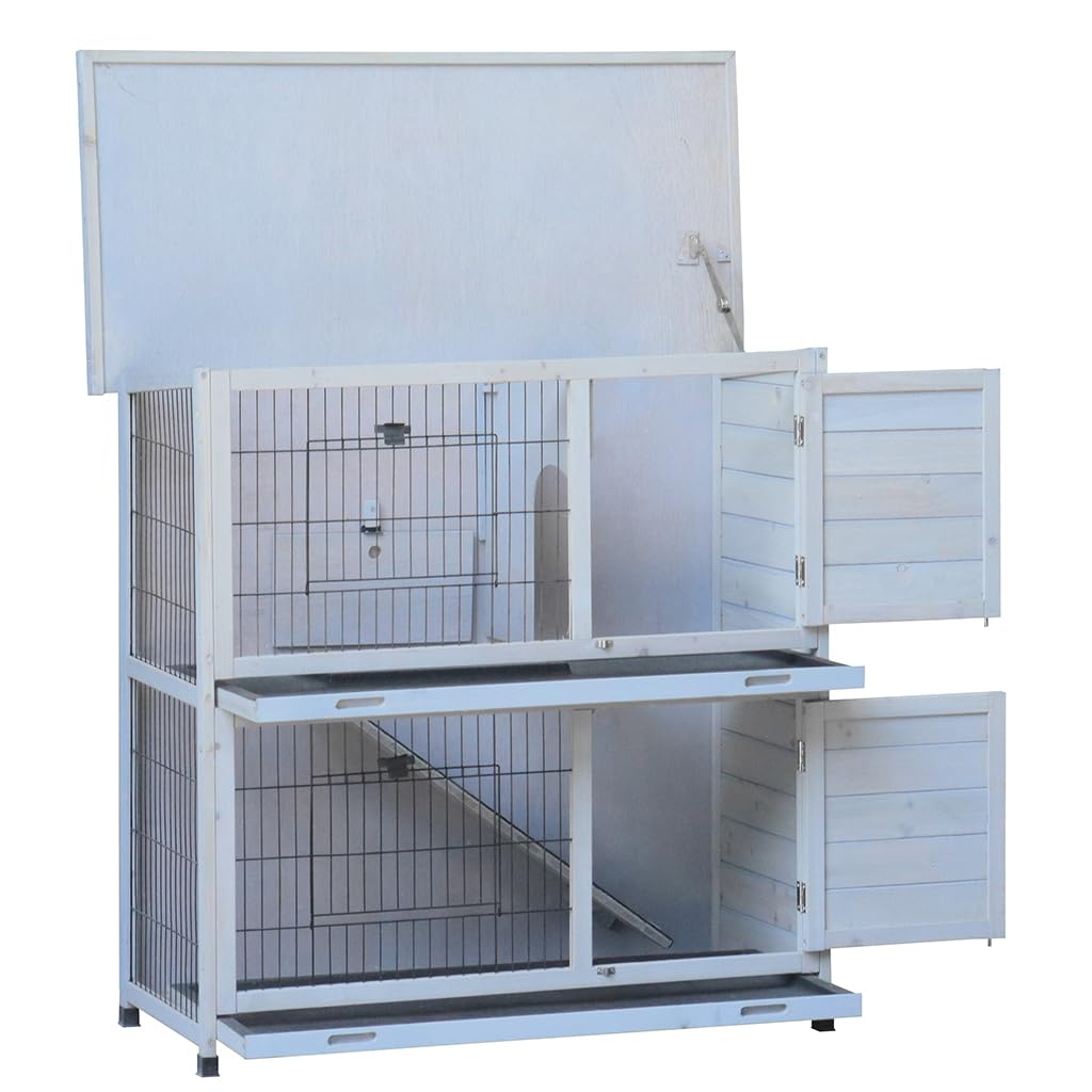 AMZOSS Premium White Rabbit Hutch with Lockable Door, Trap Door, and Roomy Space for Double Guinea Pig Cages
