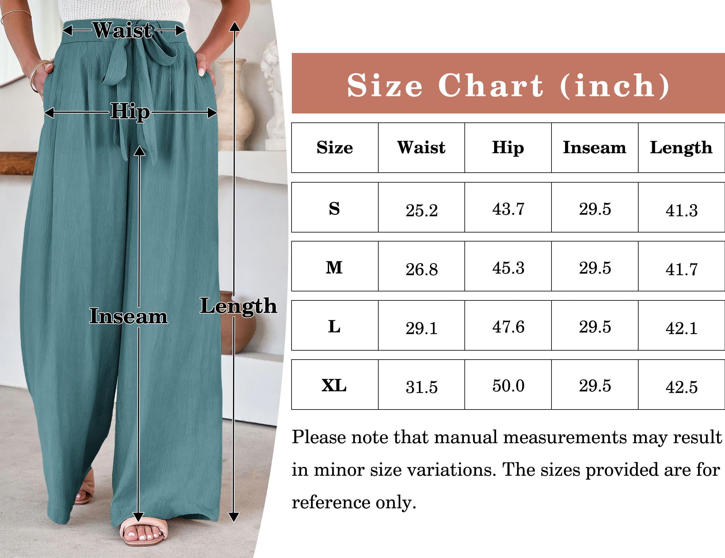 MUSIDORA Wide Leg Pants for Women High Waisted Drawstring Linen Travel Beach Pants Loose Flowy Slacks Trousers Stretchy Petite (Peacock Blue L)
