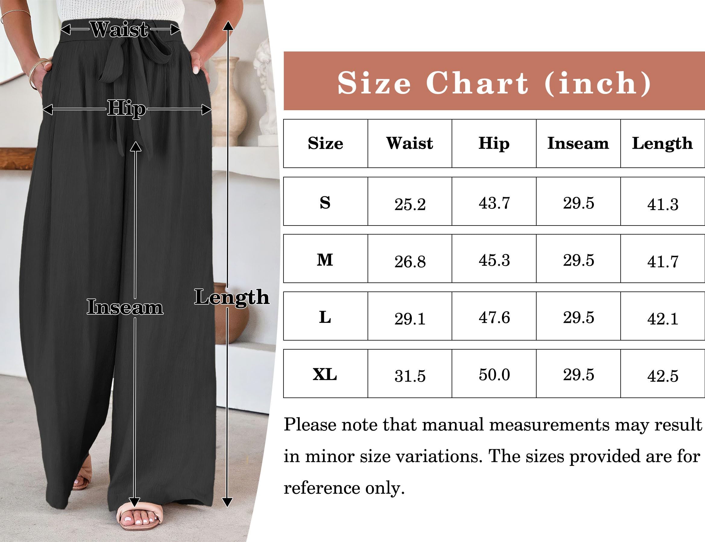 MUSIDORA Black Wide Leg Pants for Women Black Slacks Women Casual Drawstring Linen Slacks Travel Beach Boho Flowy Stretchy Petite (Black L)