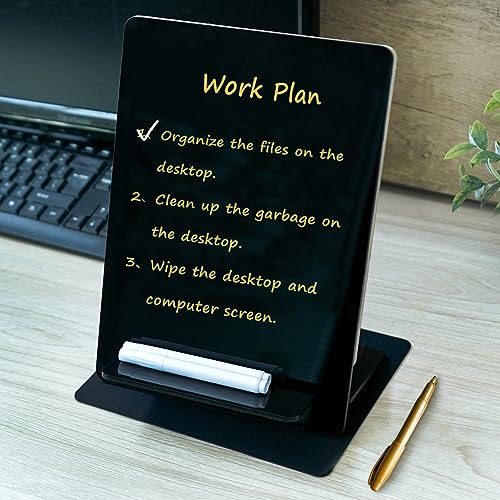 SHOOFFICE Acrylic Dry Erase Board & Felt Board Combo, 11.4'' x 8.3" Double-Sided Desktop Whiteboard with Stand, Small Frameless Black Message Board with 3 Markers and 20 Pins for Office Home School