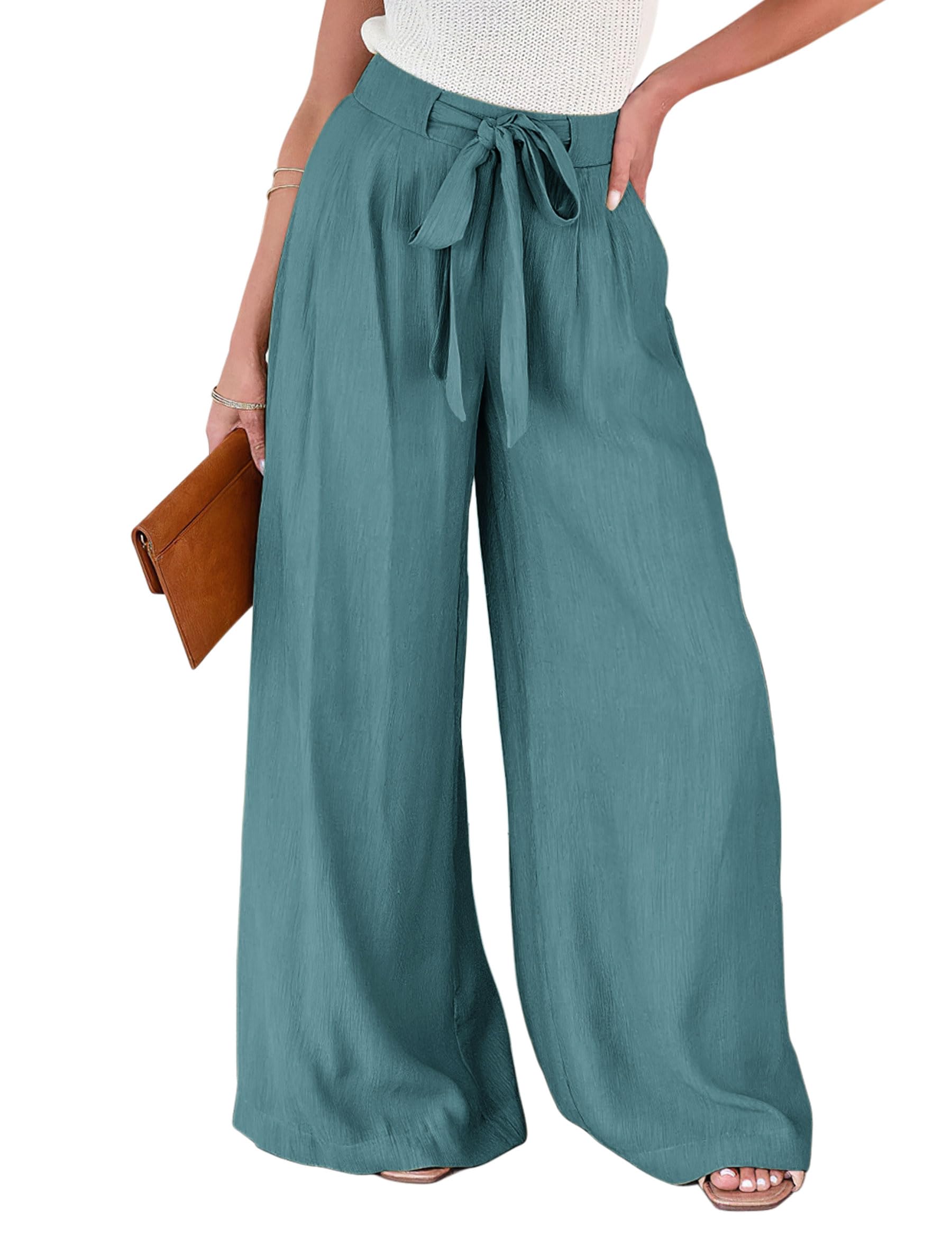 MUSIDORA Wide Leg Pants for Women High Waisted Drawstring Linen Travel Beach Pants Loose Flowy Slacks Trousers Stretchy Petite (Peacock Blue L)