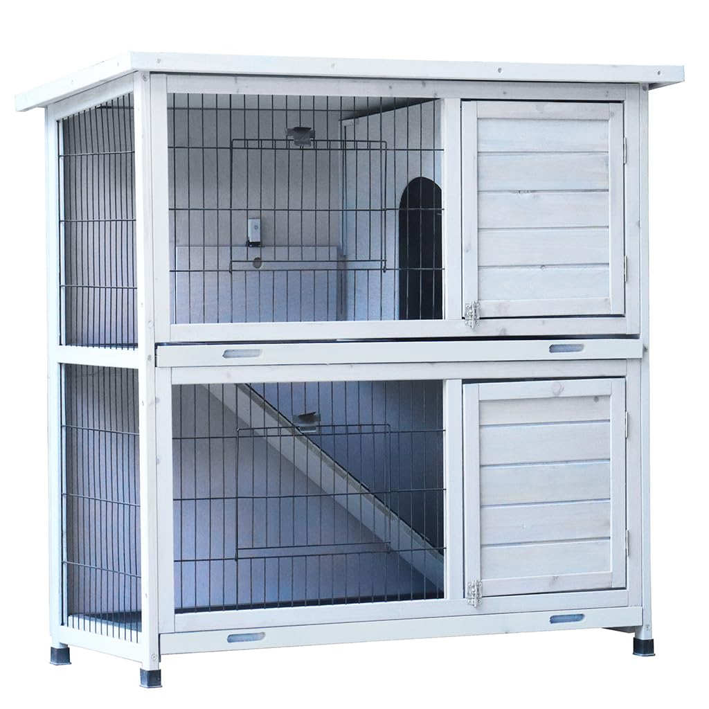 AMZOSS Premium White Rabbit Hutch with Lockable Door, Trap Door, and Roomy Space for Double Guinea Pig Cages