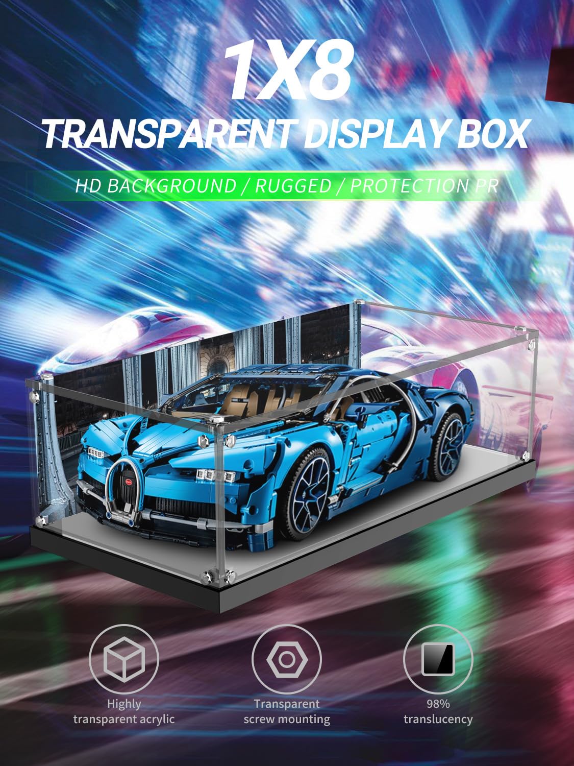 ICUANUTY Acrylic Display Case for Lego Technic Bugatti Chiron 42083 Race Car, Dust-Proof Display Box for Lego 42083, Size: 25.29x11.81x7.87in(NOT Included The Model)