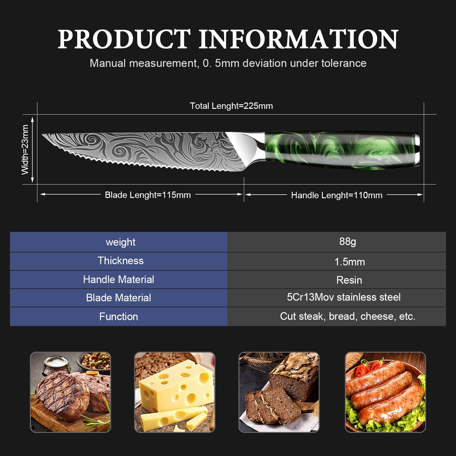 XT XITUO Serrated Steak Knife Set w/Beautiful Engraved Pattern - 6PC Premium 4.5 inch Steak Knives, German Steel Knife Table Dinner Knife w/Emerald Green Resin Handle for Home Restaurant