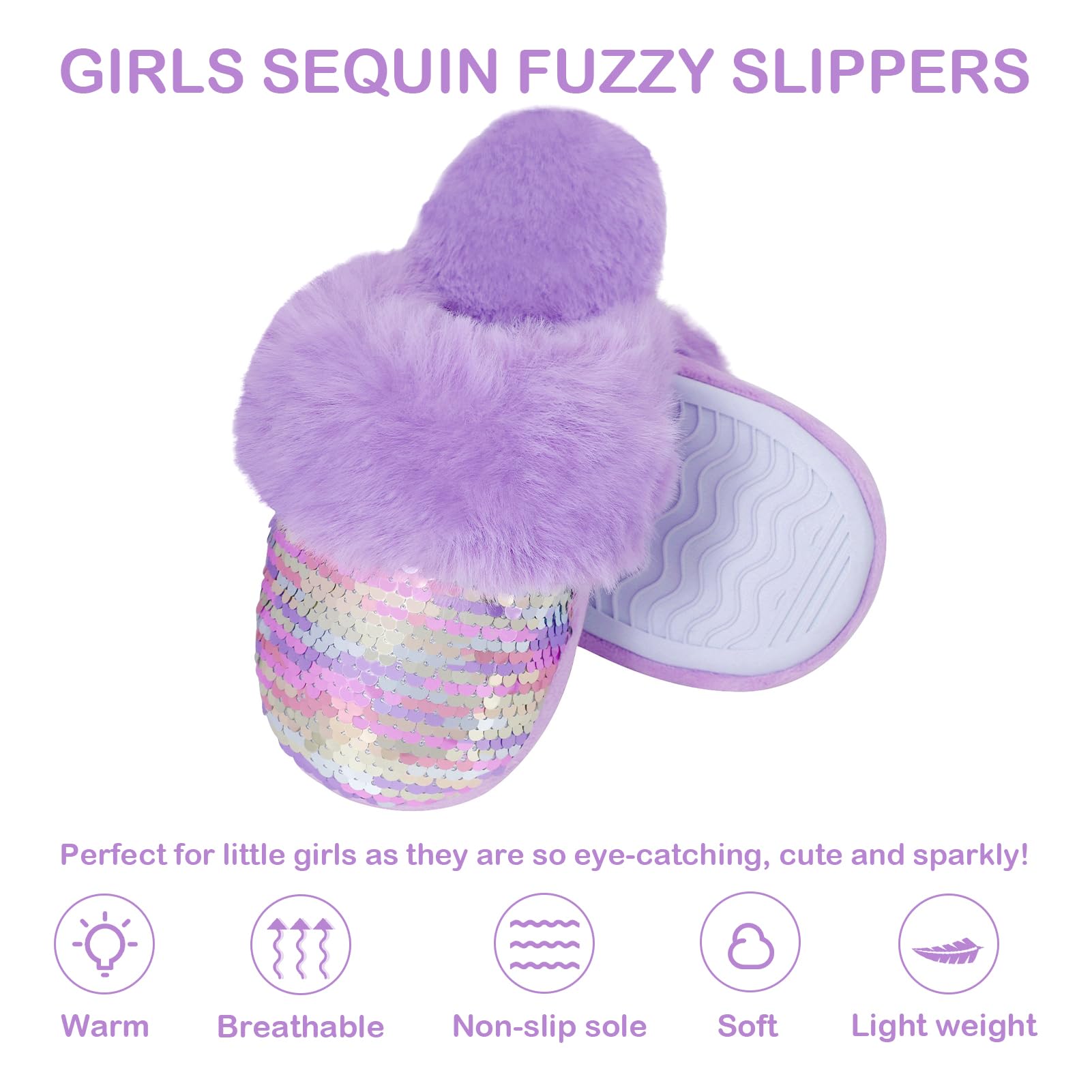 Girls Plush House Slippers Fluffy Sequin Slippers, Cute Faux Fur Slip-on Shoes Memory Foam House Slipper