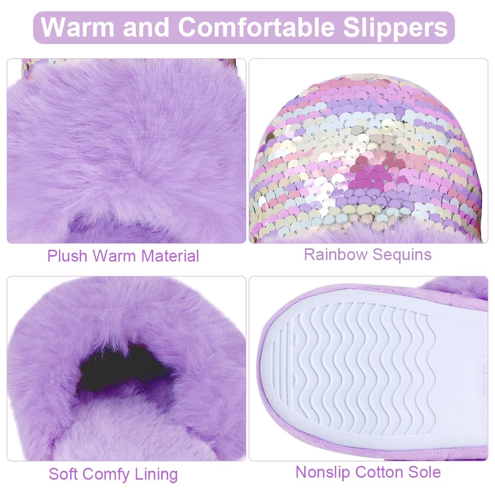 Girls Plush House Slippers Fluffy Sequin Slippers, Cute Faux Fur Slip-on Shoes Memory Foam House Slipper