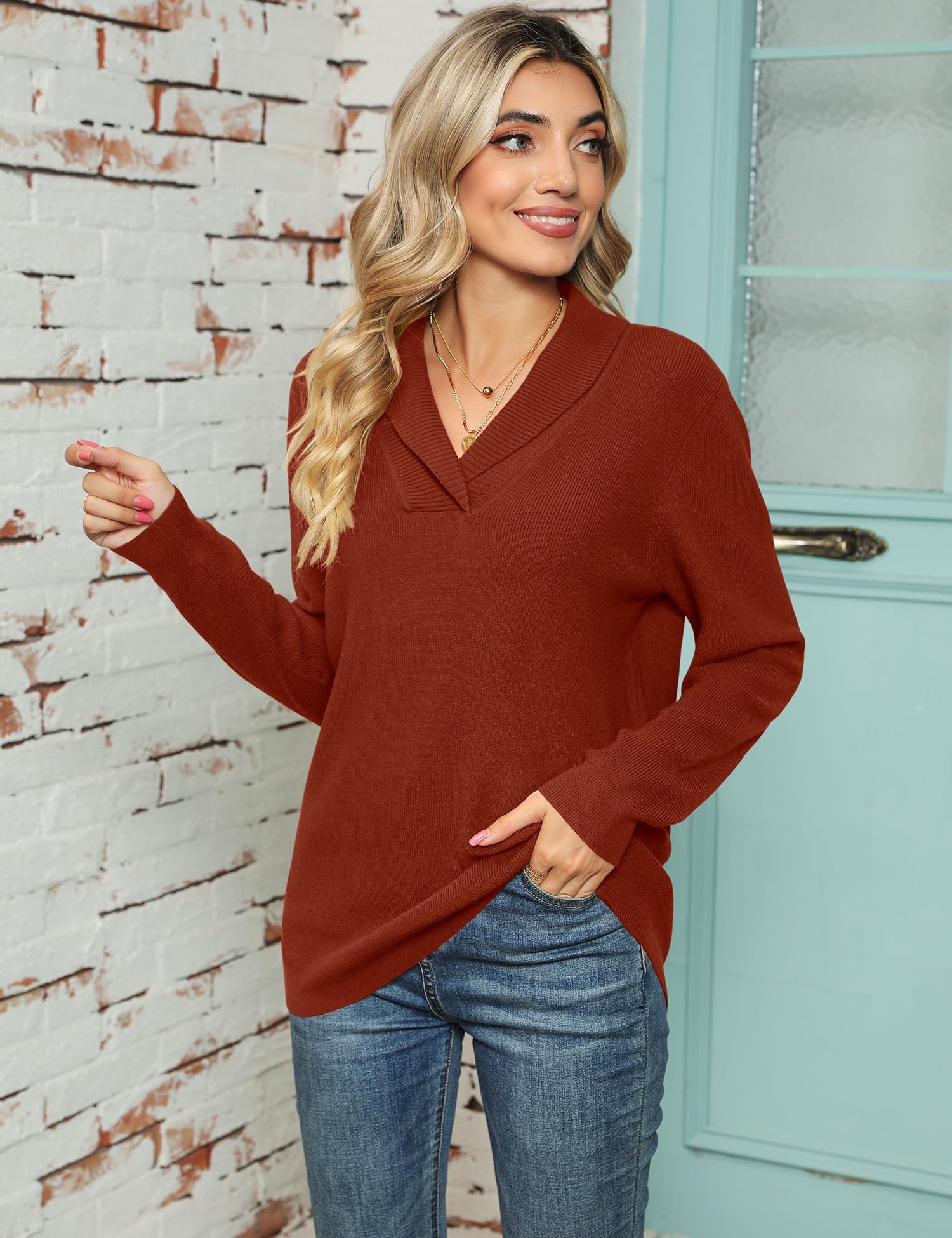 Ivicoer Sweaters for Women V Neck Pullover Ladies Knit Long Sleeve Collared Tops Fall Winter Polo Trendy Orange