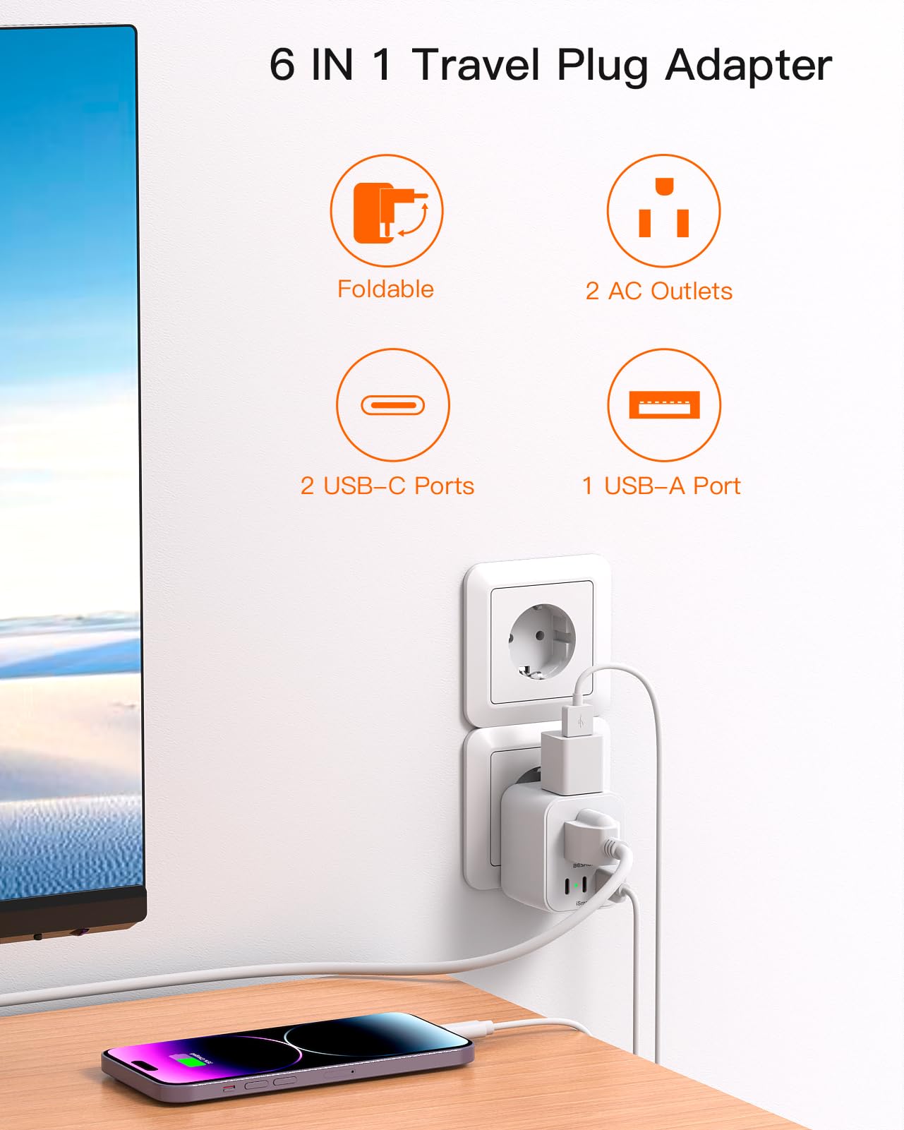 [2-Pack] European Travel Plug Adapter, Foldable International Plug Adapter with 2 AC Outlets 3 USB Ports(2 USB C), Type C Travel Essentials to Most Europe EU Spain Italy France Germany
