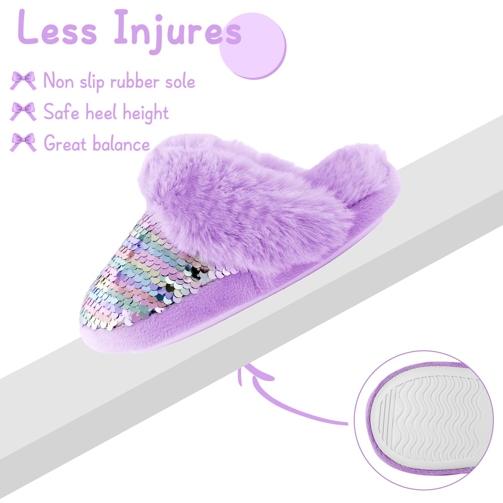 Girls Plush House Slippers Fluffy Sequin Slippers, Cute Faux Fur Slip-on Shoes Memory Foam House Slipper