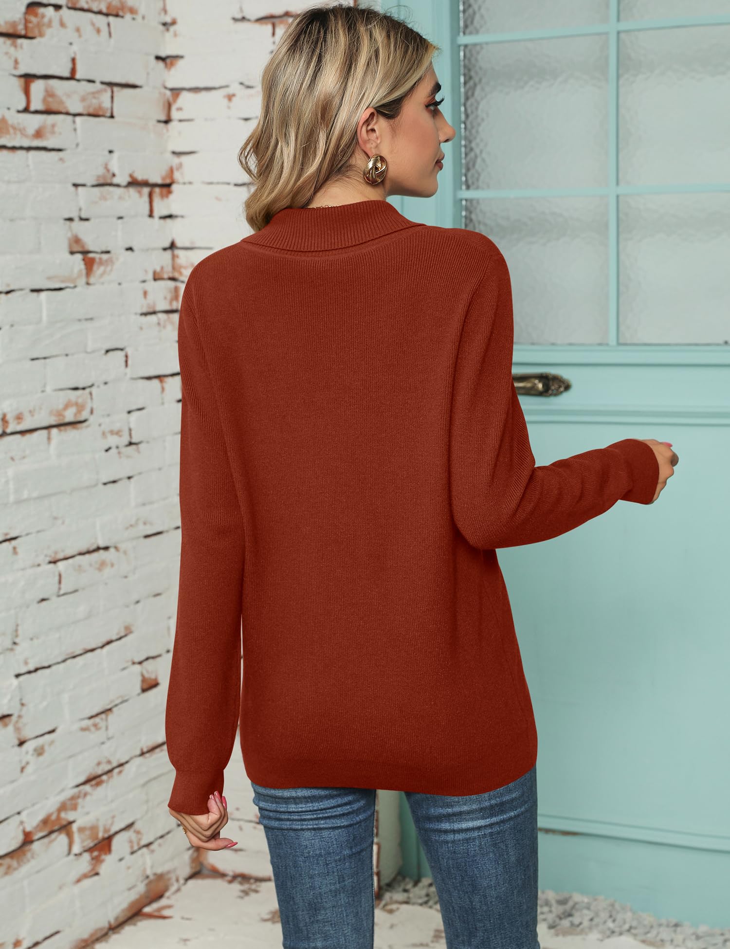 Ivicoer Sweaters for Women V Neck Pullover Ladies Knit Long Sleeve Collared Tops Fall Winter Polo Trendy Orange