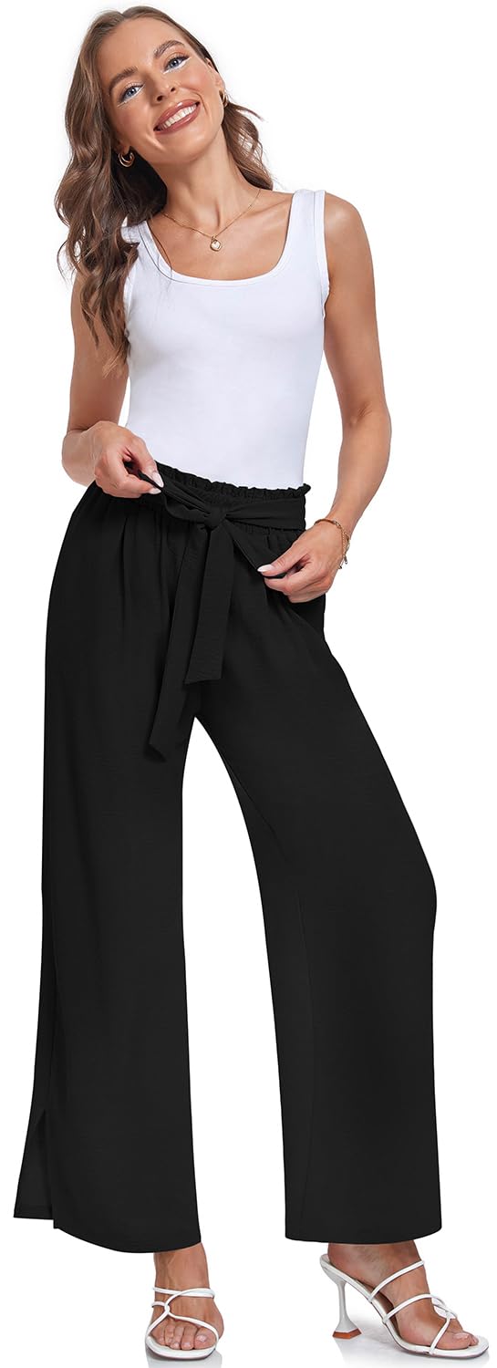 UEU Womens 2023 Wide Leg Dress Pants Lightweight High Waisted Adjustable Tie Knot Loose Casual Pants (Black, XL)