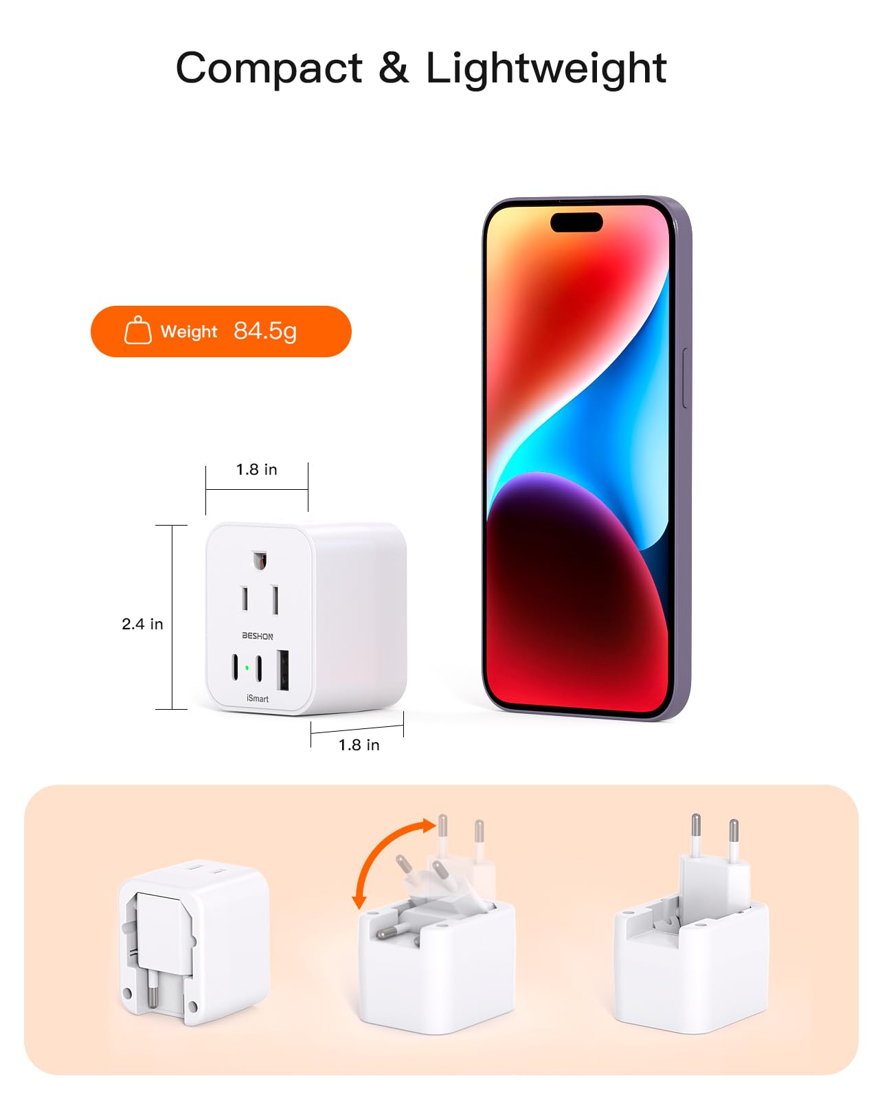 [2-Pack] European Travel Plug Adapter, Foldable International Plug Adapter with 2 AC Outlets 3 USB Ports(2 USB C), Type C Travel Essentials to Most Europe EU Spain Italy France Germany