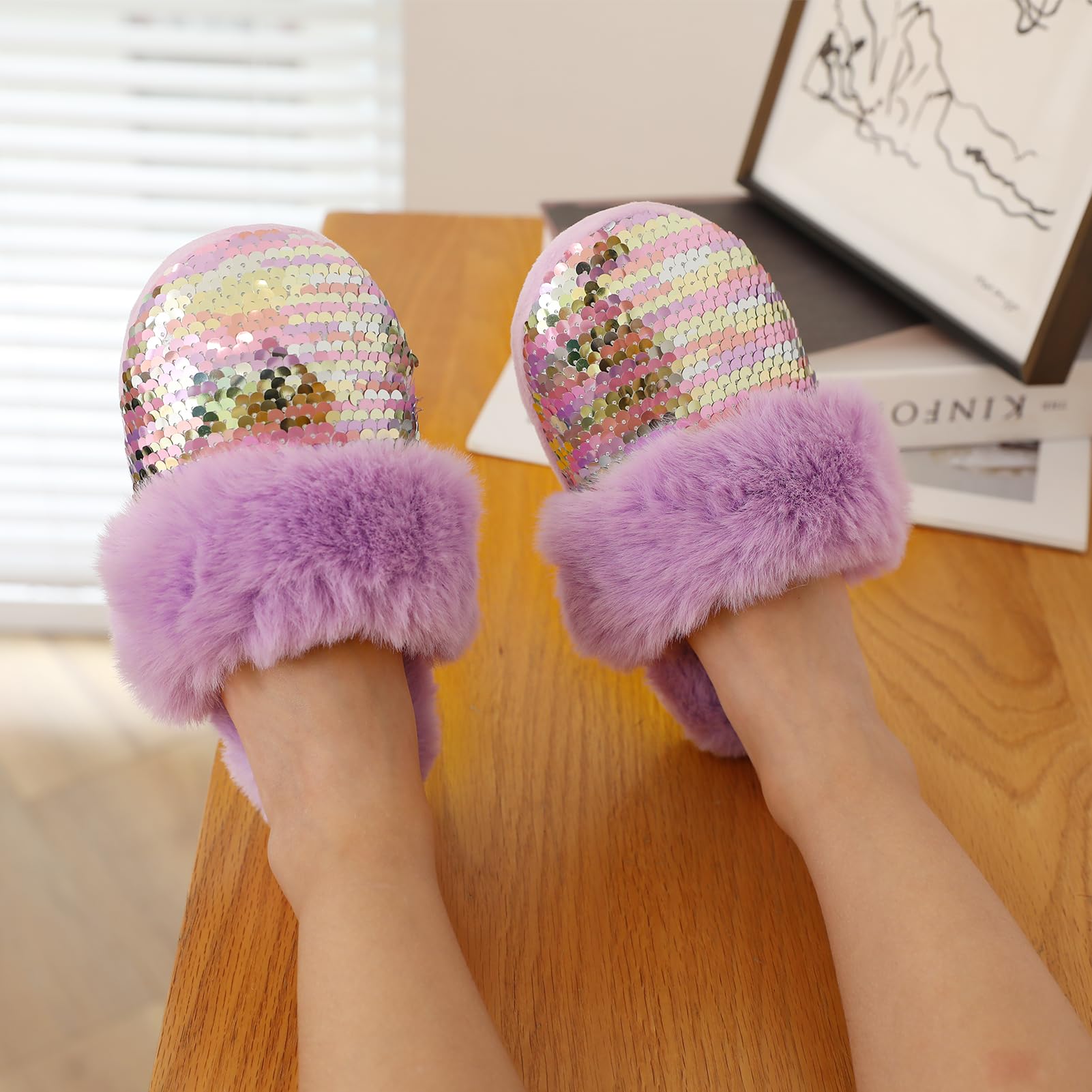 Girls Plush House Slippers Fluffy Sequin Slippers, Cute Faux Fur Slip-on Shoes Memory Foam House Slipper