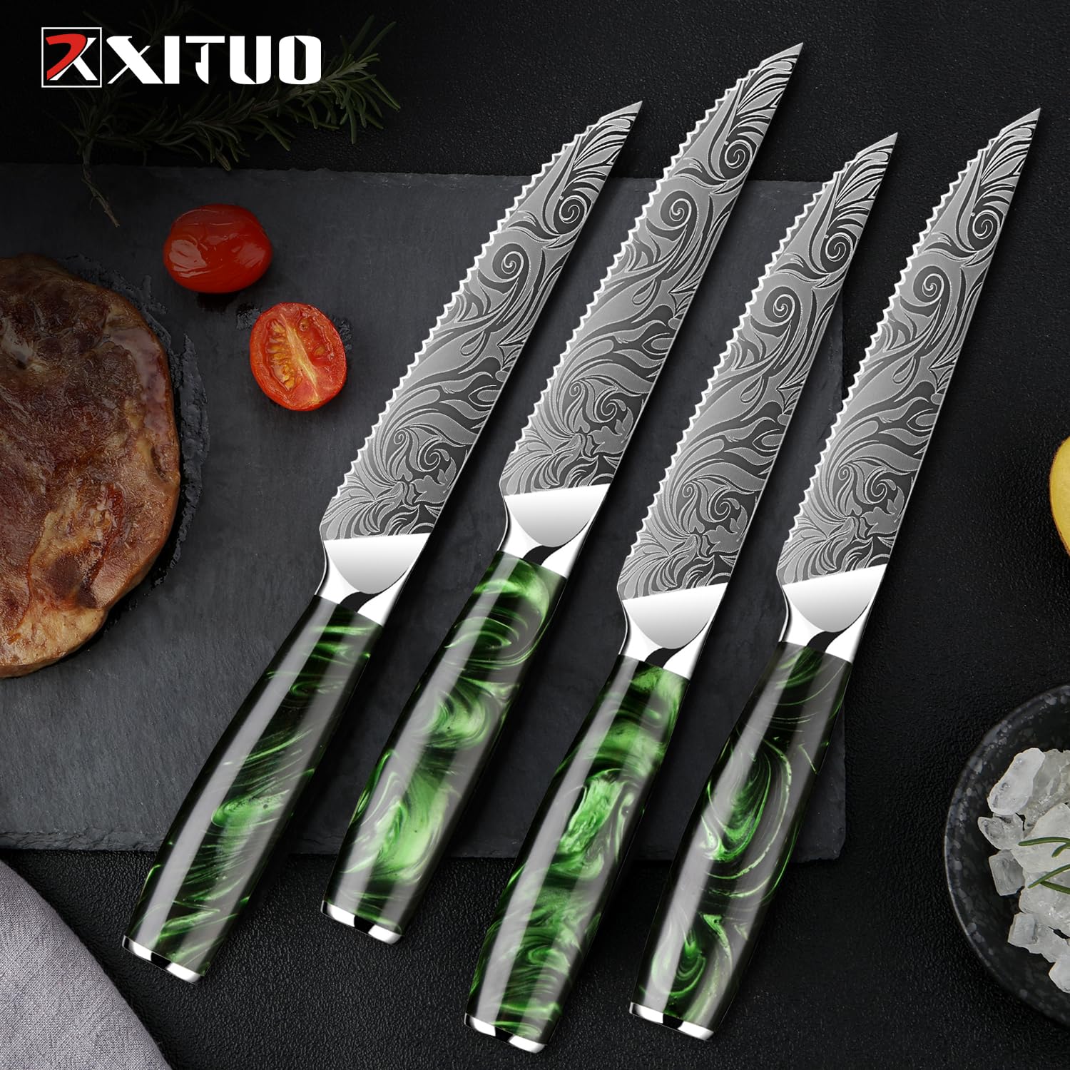 XT XITUO Serrated Steak Knife Set w/Beautiful Engraved Pattern - 6PC Premium 4.5 inch Steak Knives, German Steel Knife Table Dinner Knife w/Emerald Green Resin Handle for Home Restaurant