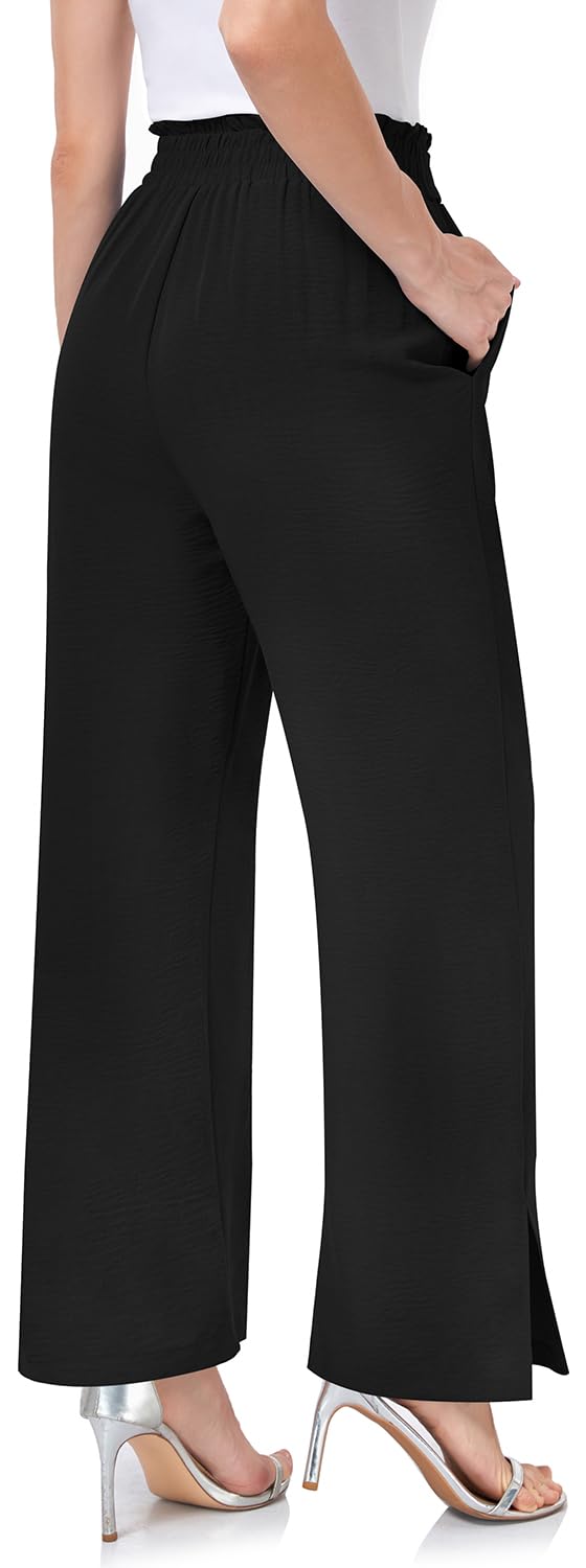 UEU Womens 2023 Wide Leg Dress Pants Lightweight High Waisted Adjustable Tie Knot Loose Casual Pants (Black, XL)