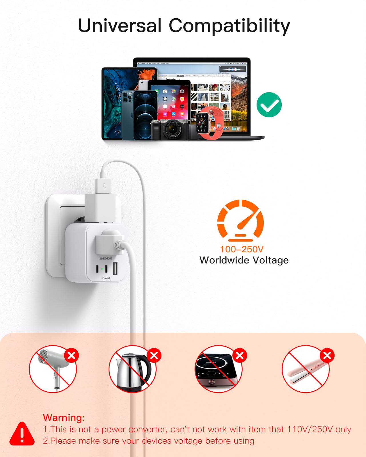 [2-Pack] European Travel Plug Adapter, Foldable International Plug Adapter with 2 AC Outlets 3 USB Ports(2 USB C), Type C Travel Essentials to Most Europe EU Spain Italy France Germany