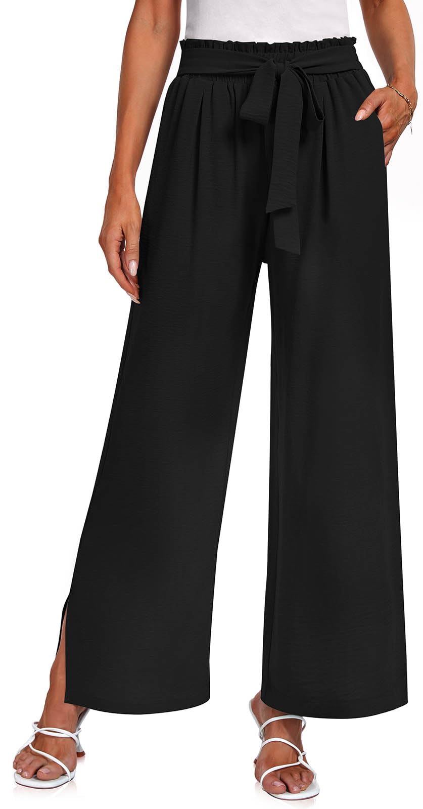 UEU Womens 2023 Wide Leg Dress Pants Lightweight High Waisted Adjustable Tie Knot Loose Casual Pants (Black, XL)