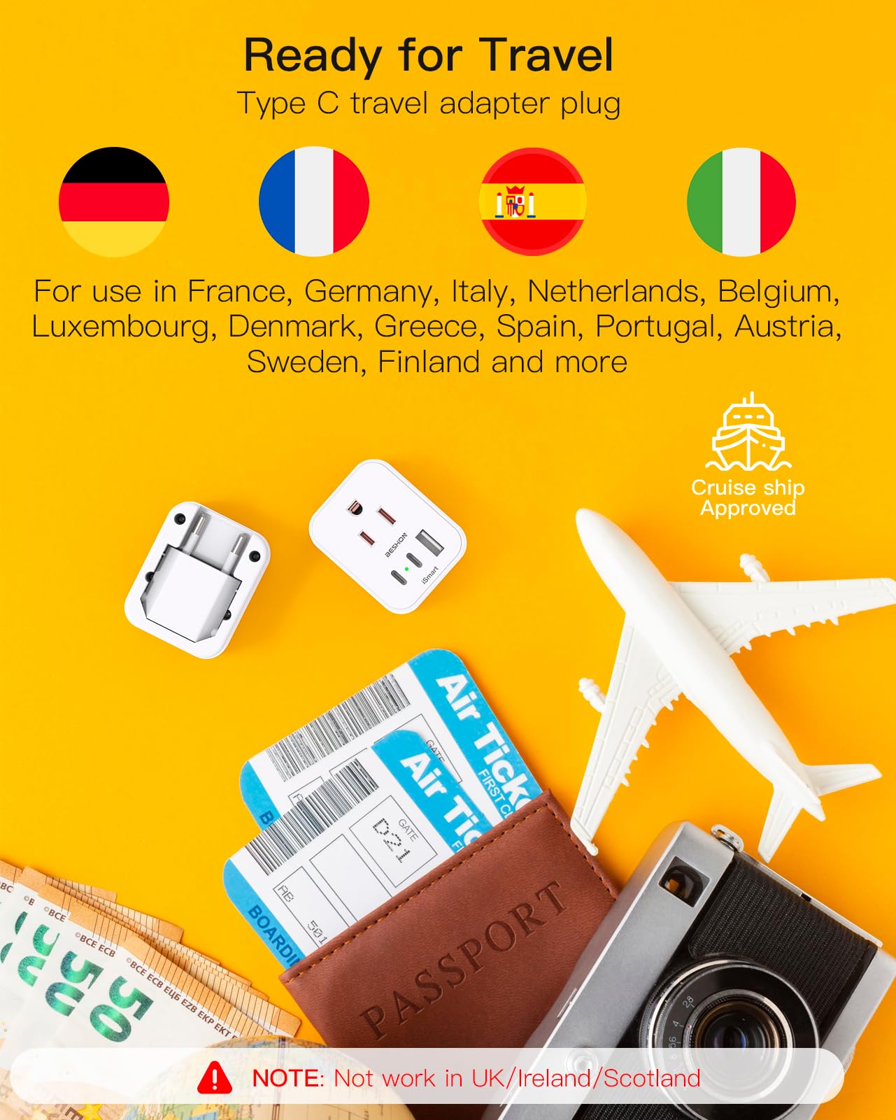 [2-Pack] European Travel Plug Adapter, Foldable International Plug Adapter with 2 AC Outlets 3 USB Ports(2 USB C), Type C Travel Essentials to Most Europe EU Spain Italy France Germany