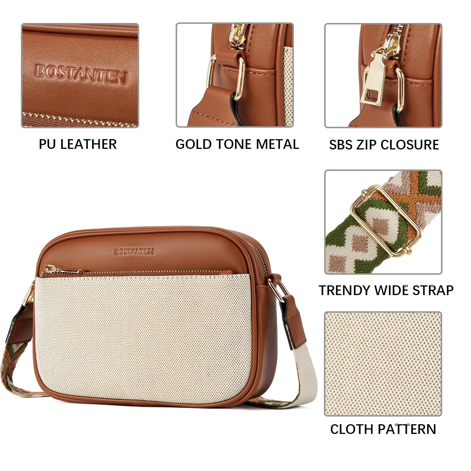 BOSTANTEN Quilted Crossbody Bags for Women Vegan Leather Purses Small Shoulder Handbags with Wide Strap Brown with Cloth Pattern