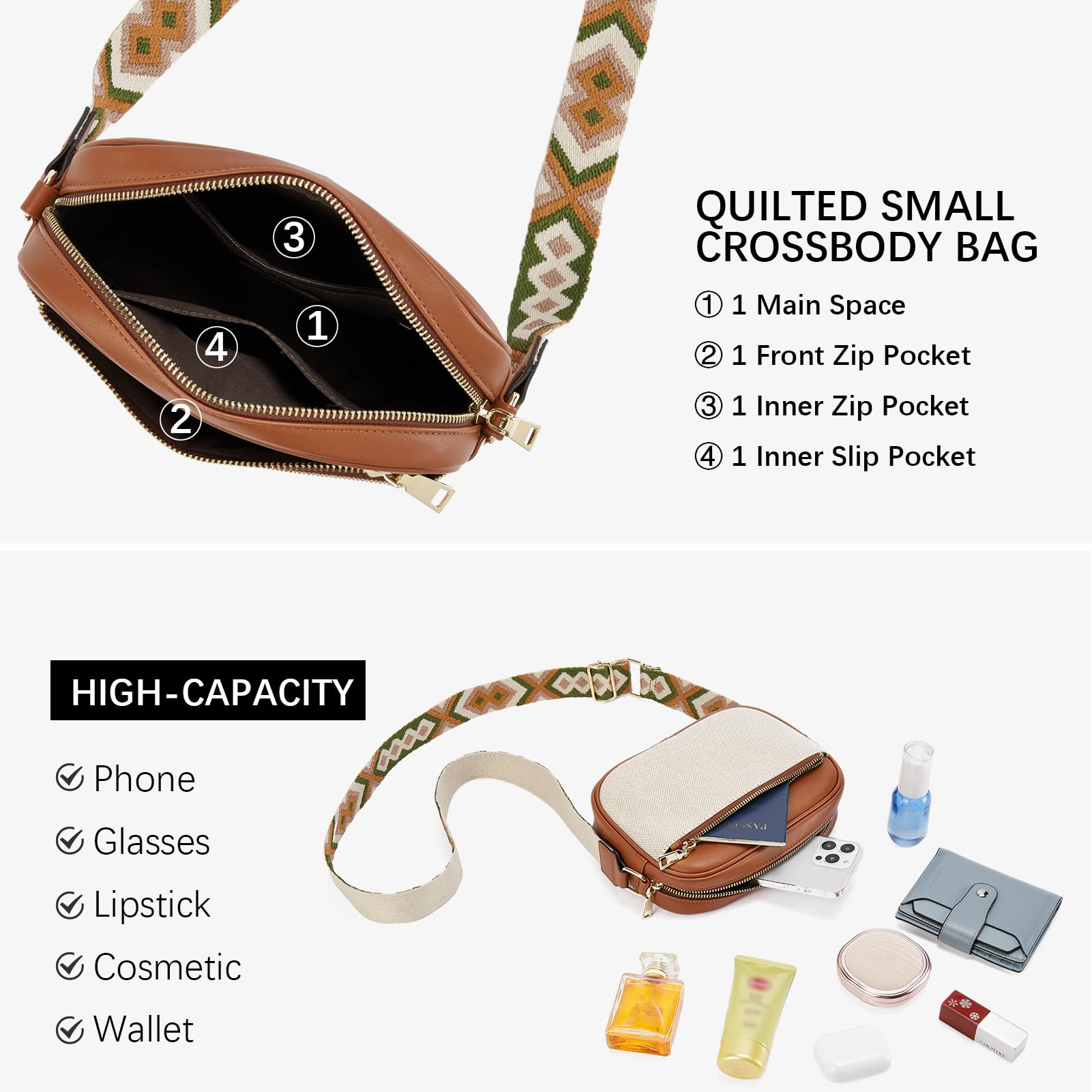 BOSTANTEN Quilted Crossbody Bags for Women Vegan Leather Purses Small Shoulder Handbags with Wide Strap Brown with Cloth Pattern