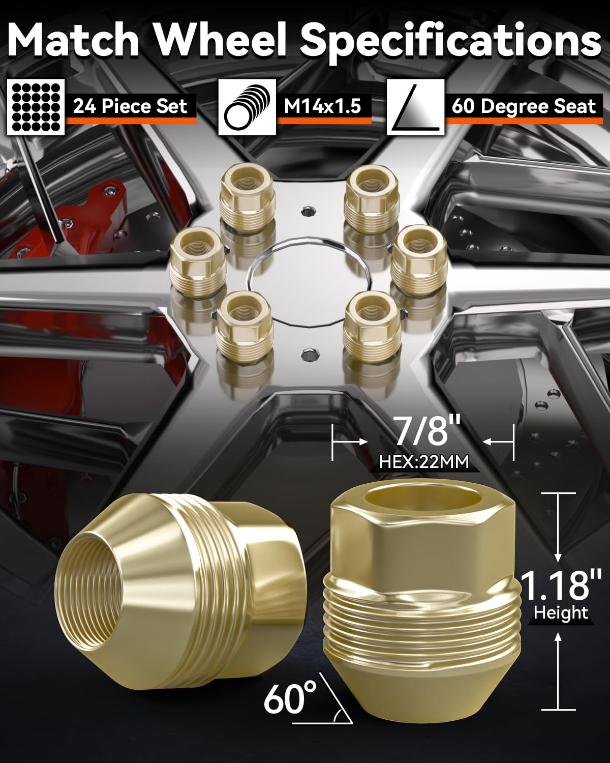 YIZBAP 24PCS 14x1.5 OEM Factory Lug Nuts,1.12" Tall Open End Bulge Acorn M14x1.5 Lug Nuts for Silverado Suburban Express Sierra 1500 Avalanche Escalade