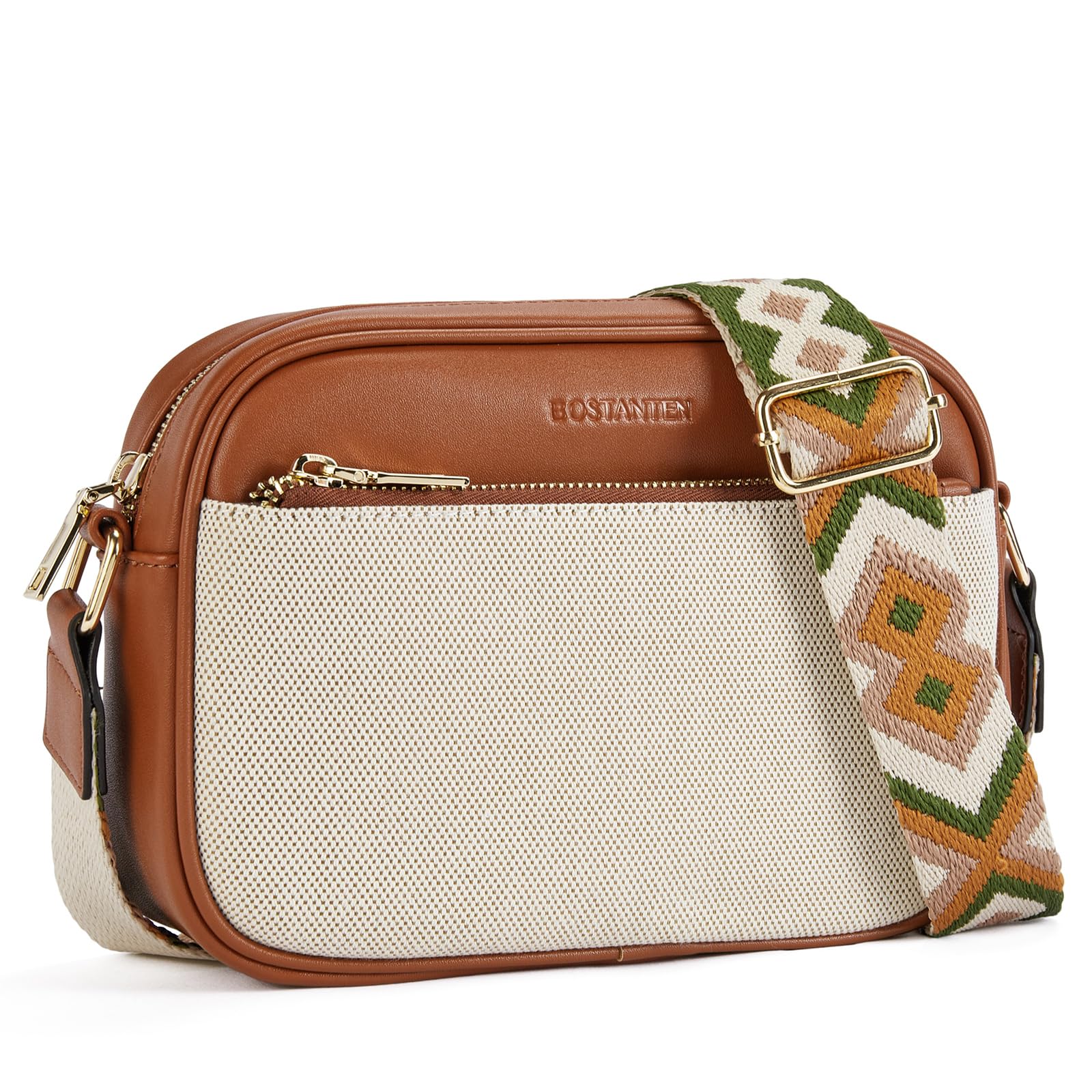 BOSTANTEN Quilted Crossbody Bags for Women Vegan Leather Purses Small Shoulder Handbags with Wide Strap Brown with Cloth Pattern