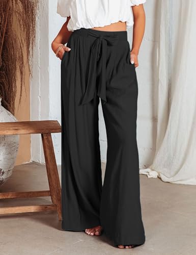 Rheane Wide Leg Pants for Women Palazzo Black Linen Flowy Pants High Waisted Smocked Waist Belt Boho Beach Holiday 2023 Fall (Black L)