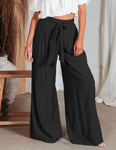 Rheane Wide Leg Pants for Women Palazzo Black Linen Flowy Pants High Waisted Smocked Waist Belt Boho Beach Holiday 2023 Fall (Black L)