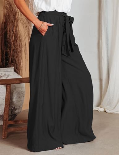 Rheane Wide Leg Pants for Women Palazzo Black Linen Flowy Pants High Waisted Smocked Waist Belt Boho Beach Holiday 2023 Fall (Black L)