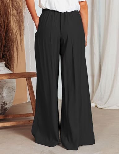 Rheane Wide Leg Pants for Women Palazzo Black Linen Flowy Pants High Waisted Smocked Waist Belt Boho Beach Holiday 2023 Fall (Black L)