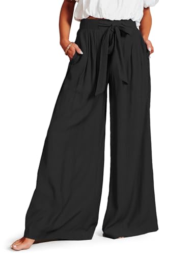 Rheane Wide Leg Pants for Women Palazzo Black Linen Flowy Pants High Waisted Smocked Waist Belt Boho Beach Holiday 2023 Fall (Black L)