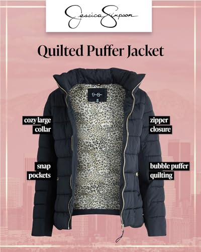 Jessica Simpson Women's Winter Jacket - Packable Quilted Puffer Jacket, Leopard Print Fleece Lining - Outerwear Coat (S-XL), Size Large, Black