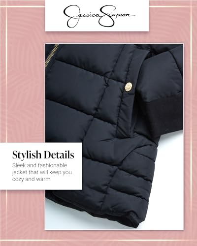 Jessica Simpson Women's Winter Jacket - Packable Quilted Puffer Jacket, Leopard Print Fleece Lining - Outerwear Coat (S-XL), Size Large, Black