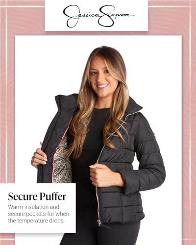 Jessica Simpson Women's Winter Jacket - Packable Quilted Puffer Jacket, Leopard Print Fleece Lining - Outerwear Coat (S-XL), Size Large, Black