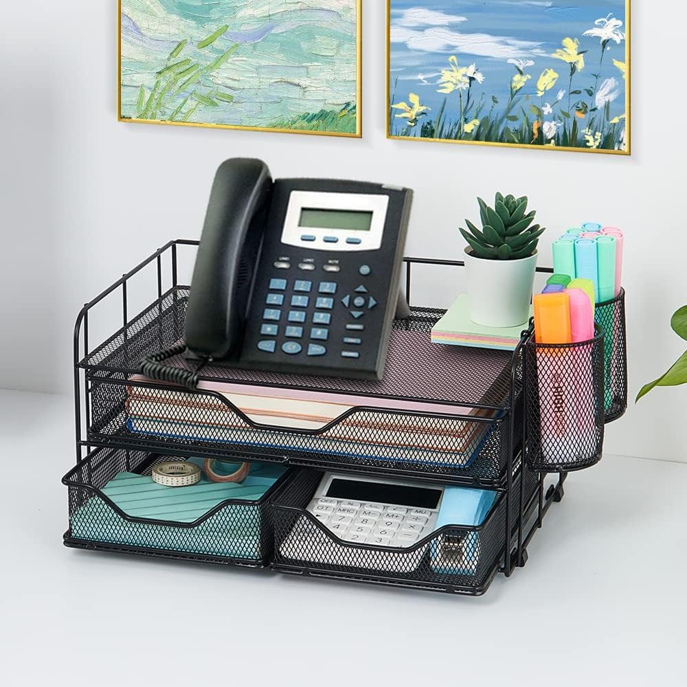Youbetia Black Minimalist Desk Organizer with 3 Drawer, 2 Pen Holder, 2 Tier Letter Tray, Upper Display Rack, for Office Supplies