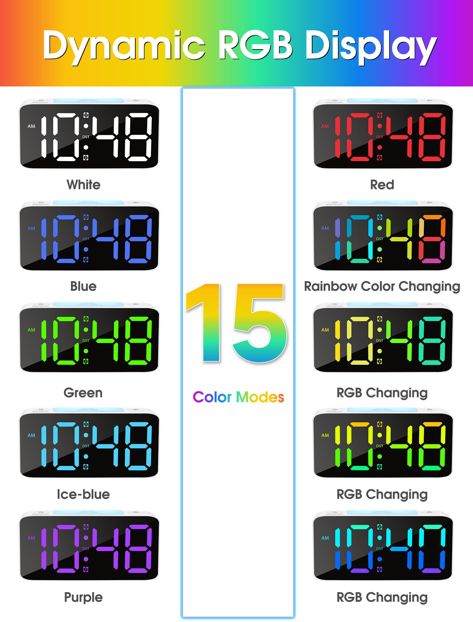 Cadmos Super Loud Alarm Clock for Heavy Sleepers Adults,Digital Clock with 7 Color NightLight,Adjustable Volume,USB Charger,Small Clocks for Bedrooms,Ok to Wake Up for Kids,Teens (White+RGB)