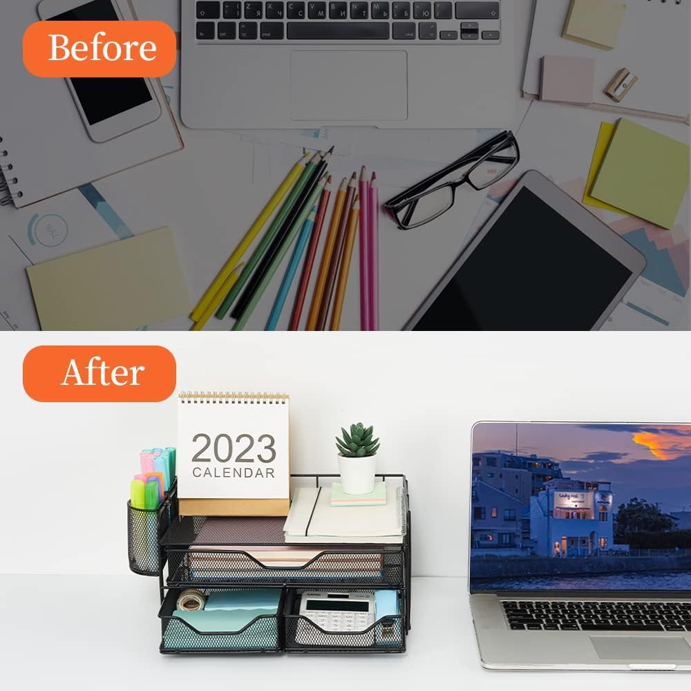 Youbetia Black Minimalist Desk Organizer with 3 Drawer, 2 Pen Holder, 2 Tier Letter Tray, Upper Display Rack, for Office Supplies