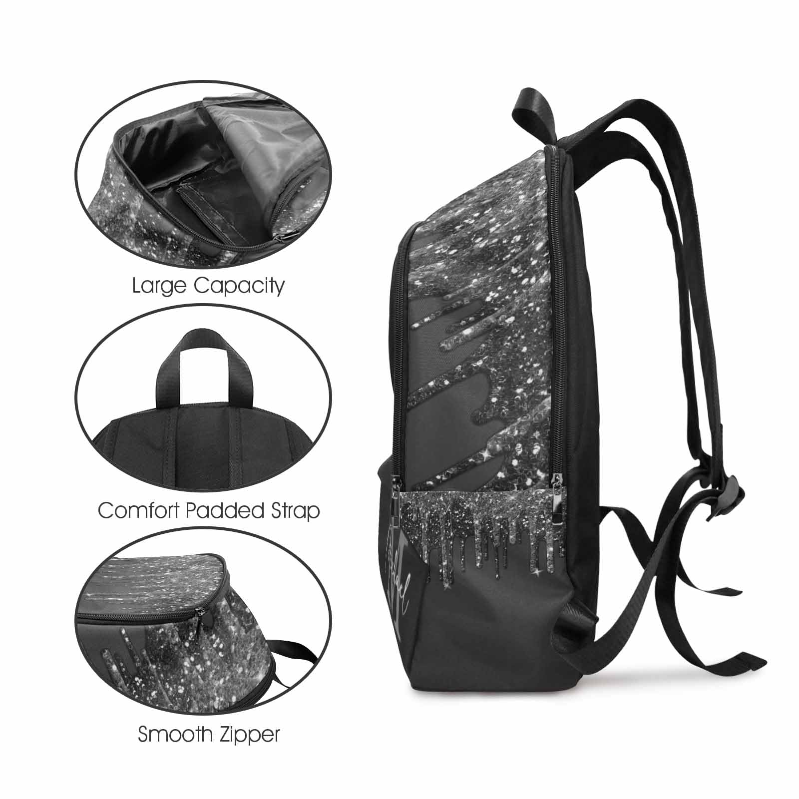 Custom Name Backpack Bag for Boys Girls Son, Personalized Black Glitter Sparkle Drip with Initial Schoolbag Casual Backpack Customized Bookbag for Kids Unisex Back School Camping Hiking Travel
