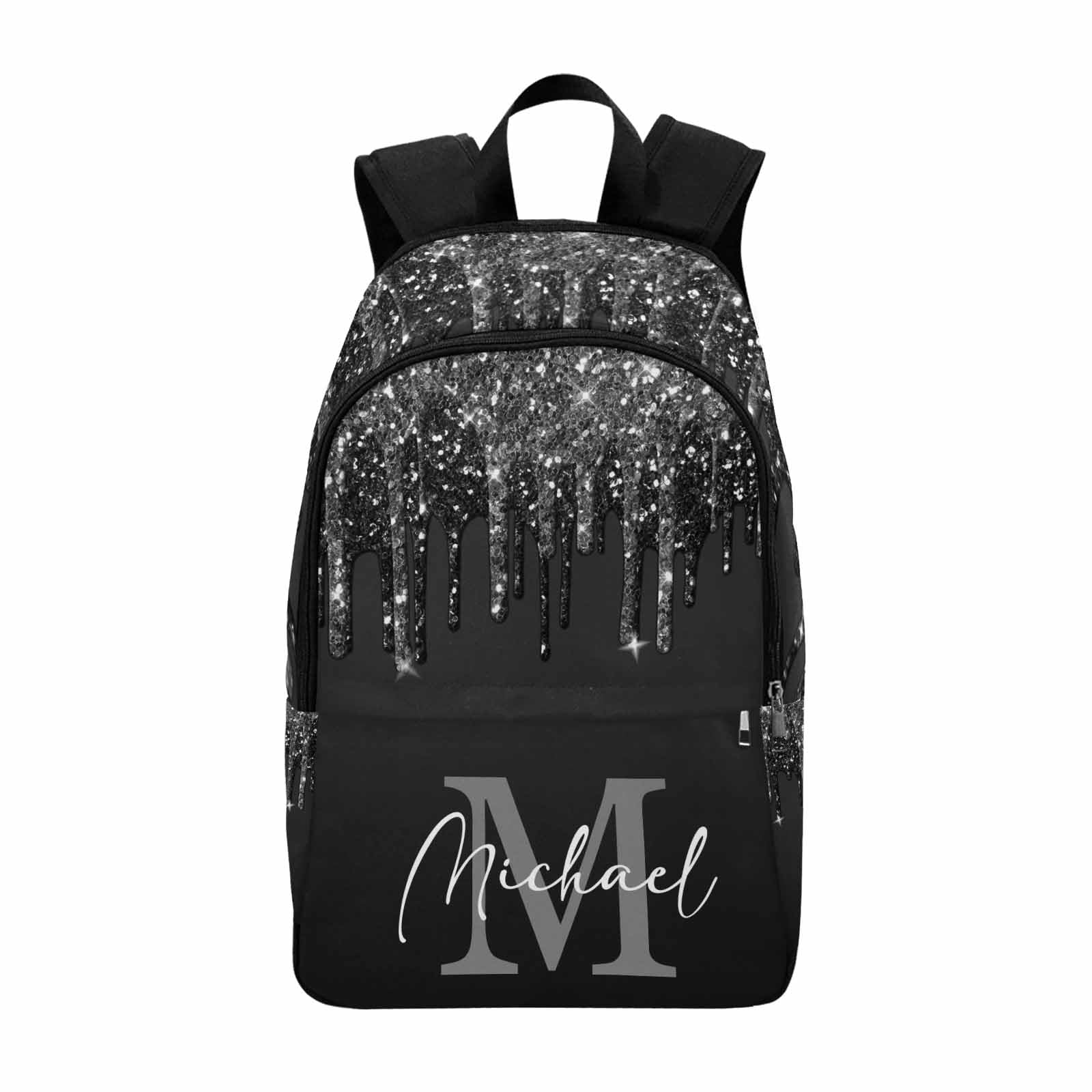 Custom Name Backpack Bag for Boys Girls Son, Personalized Black Glitter Sparkle Drip with Initial Schoolbag Casual Backpack Customized Bookbag for Kids Unisex Back School Camping Hiking Travel