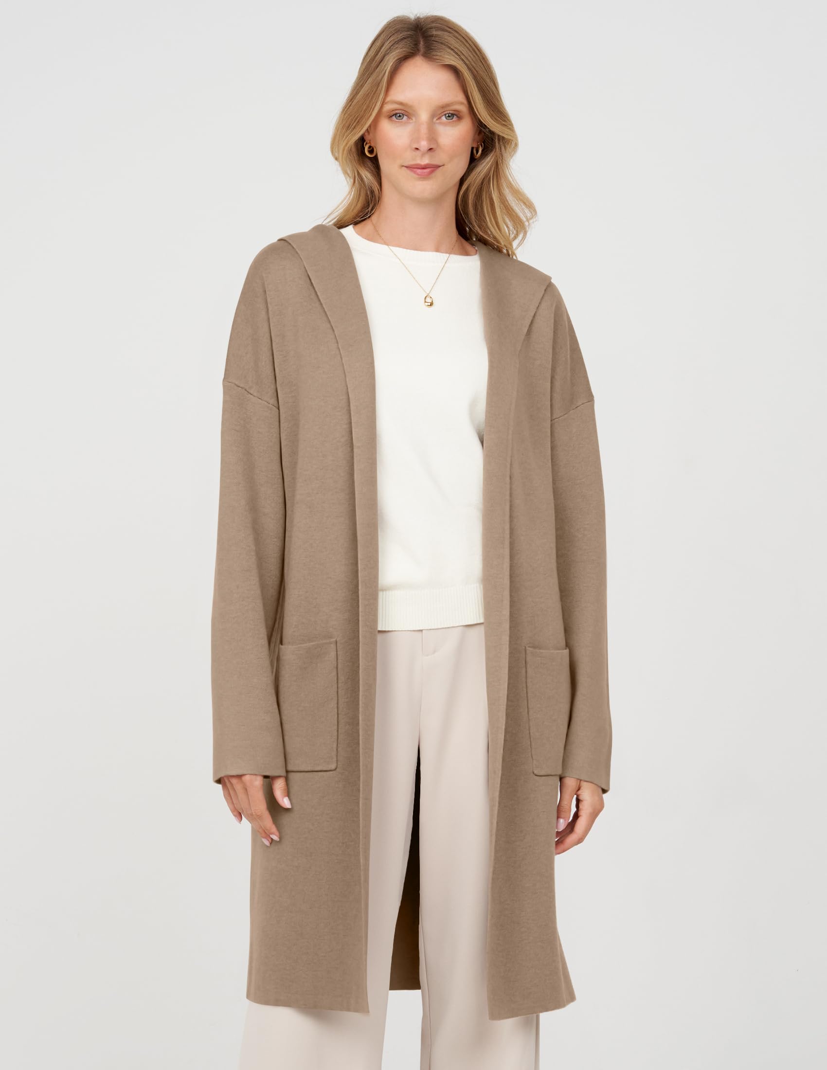 MEROKEETY Long Hooded Cardigan Sweaters for Women Oversized Open Front Coatigan Lady Jacket Coat Pockets, Khaki, Medium