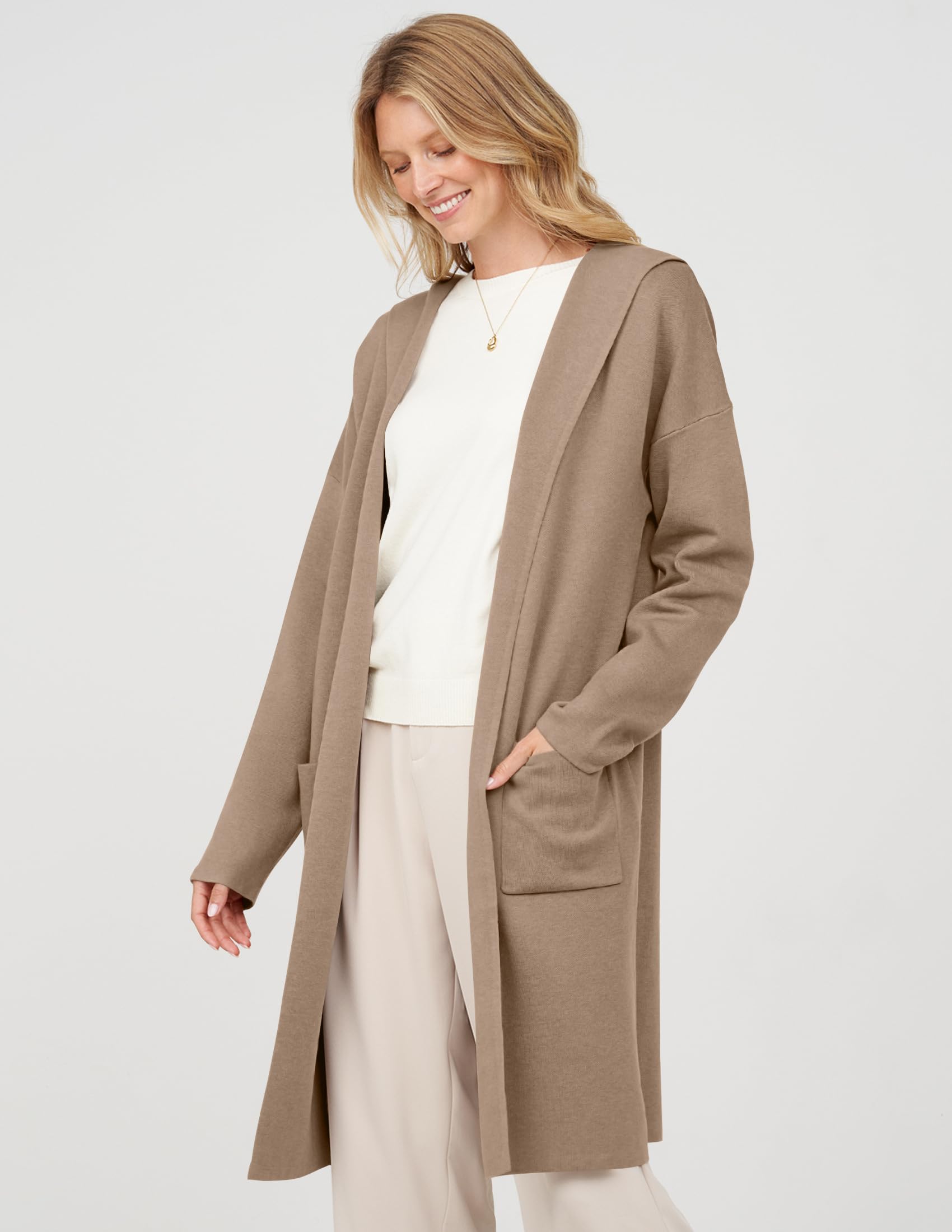 MEROKEETY Long Hooded Cardigan Sweaters for Women Oversized Open Front Coatigan Lady Jacket Coat Pockets, Khaki, Medium